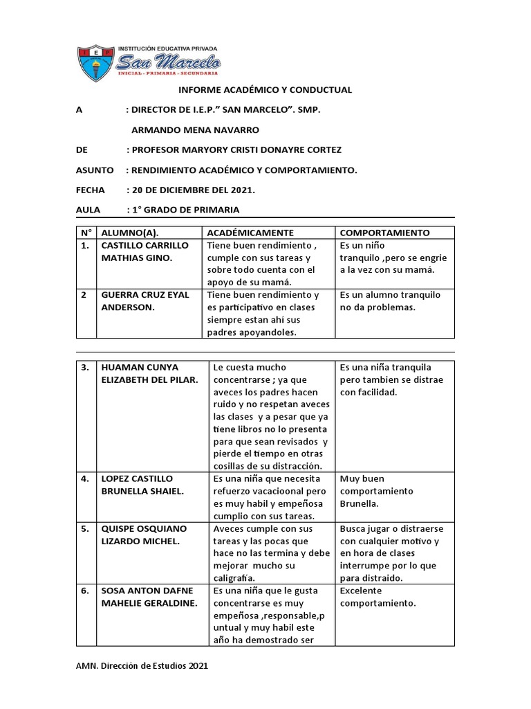 Informe de Rendimiento y Comportamiento Escolar | PDF