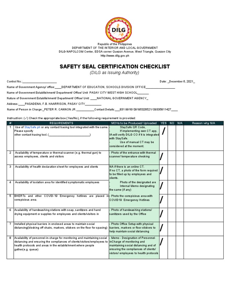 Safety Seal Certification Checklist: (DILG As Issuing Authority) | PDF ...