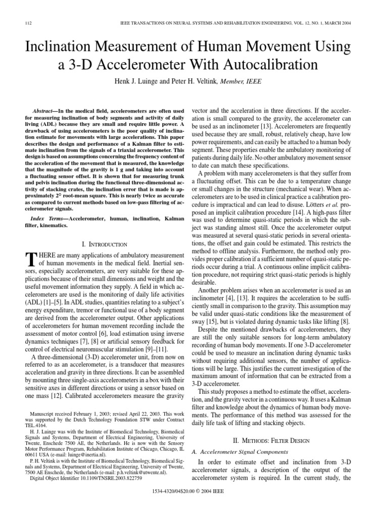 Inclination Measurement of Human Movement Using A 3-D Accelerometer With Autocalibration | PDF ...