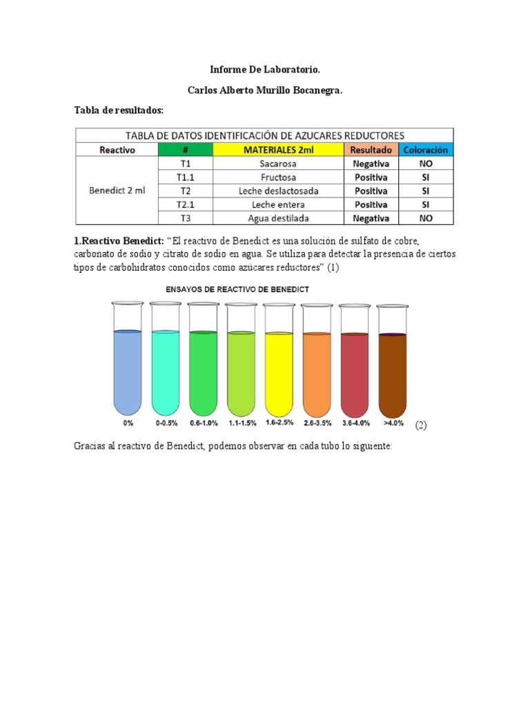 Informe de Laboratorio. Carlos Alberto Murillo Bocanegra. Tabla de Resultados | PDF | Sacarosa ...