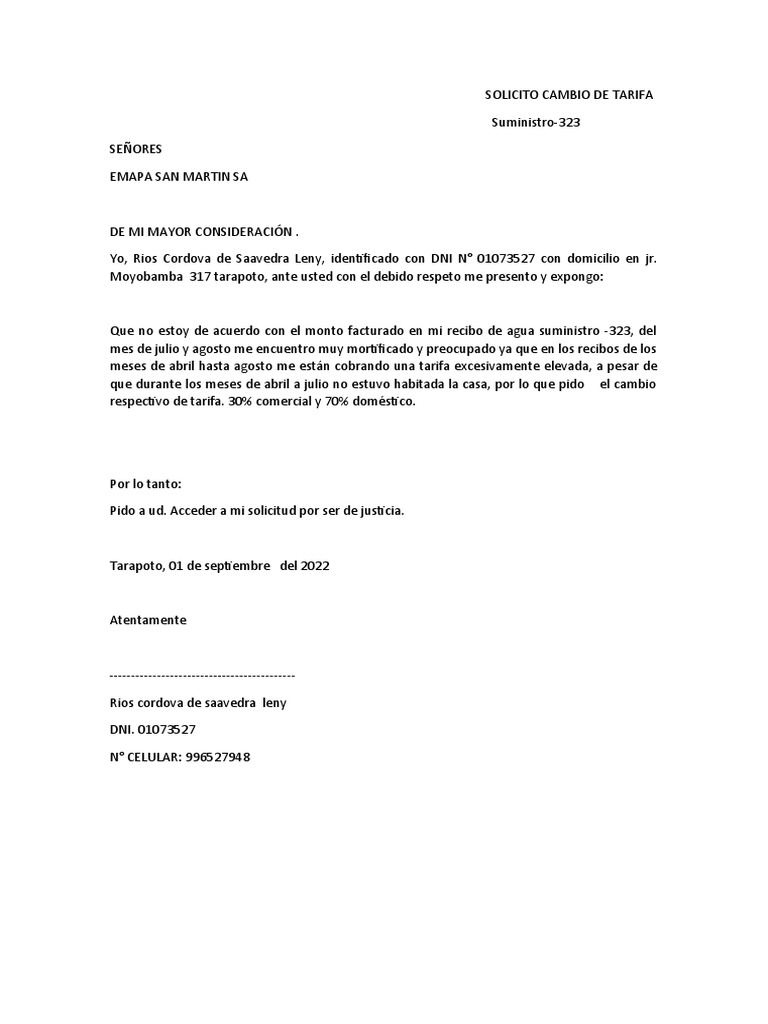 Solicito Cambio de Tarifa A Emapa | PDF