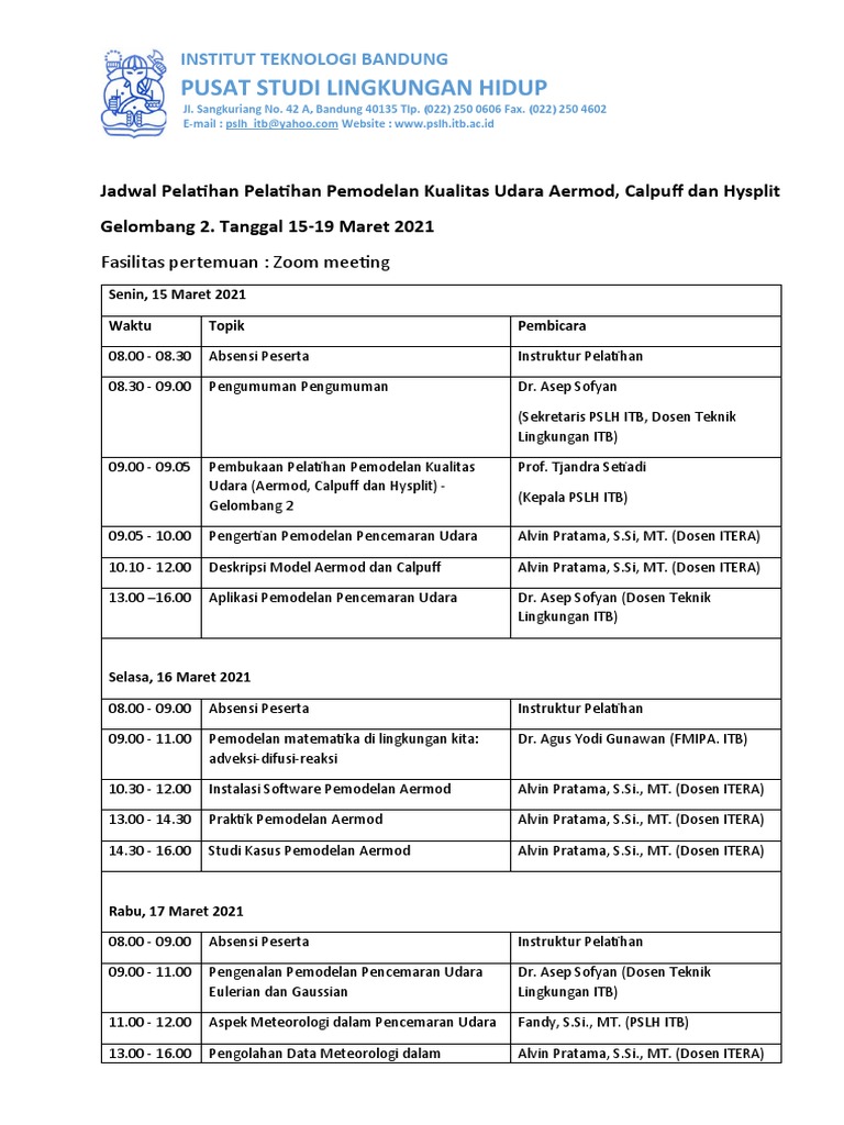 Jadwal Pelatihan Aermod, Calpuff Dan Hysplit-1 | PDF