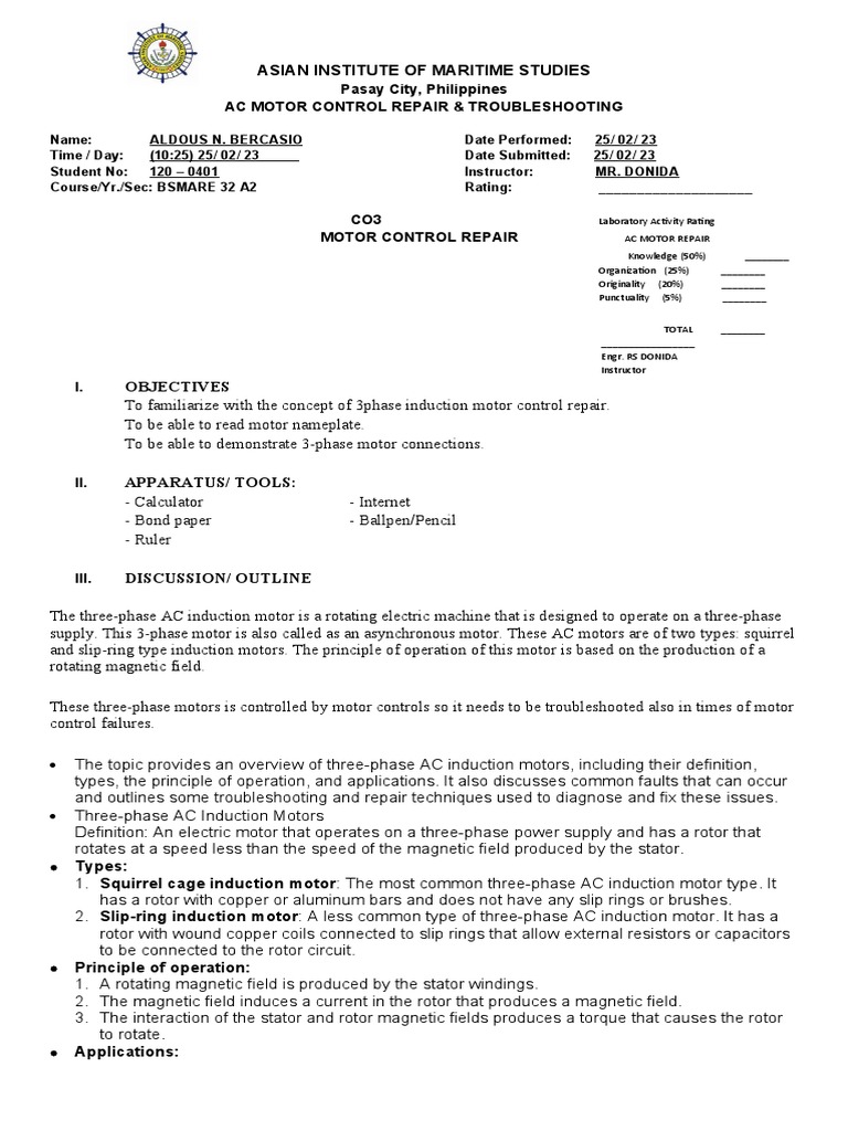 Bercasio - Co3 Laboratory Assignment Activity - Motor Con | PDF | Electric Motor | Magnetism