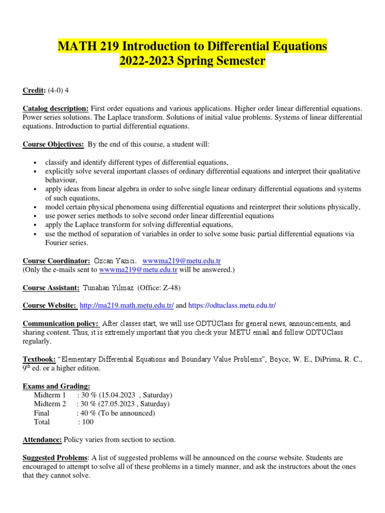 MATH219-Course Syllabus and Policy 2022-2023 Spring | PDF | Differential Equations | Equations