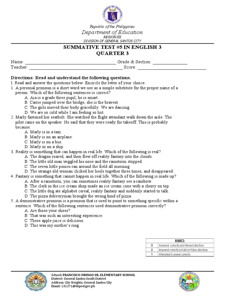 English3 Q3 ST5 Tos | PDF | Cognition | Cognitive Science
