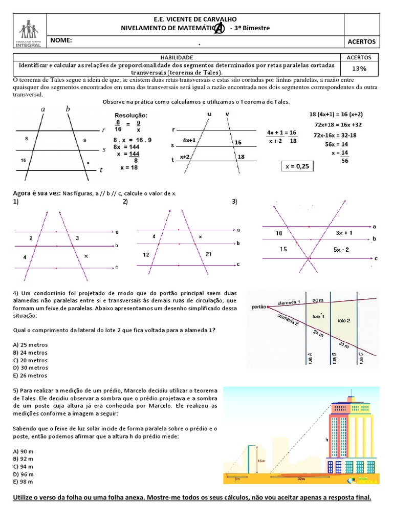 Atividades - Nivelamento - 9º ano - Teorema de Tales | PDF