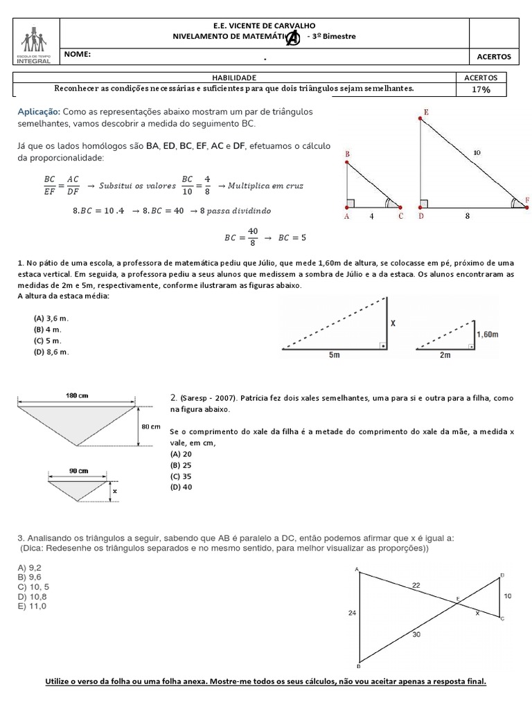 Nível de Matemática - Triângulos Semelhantes e Proporcionalidade | PDF