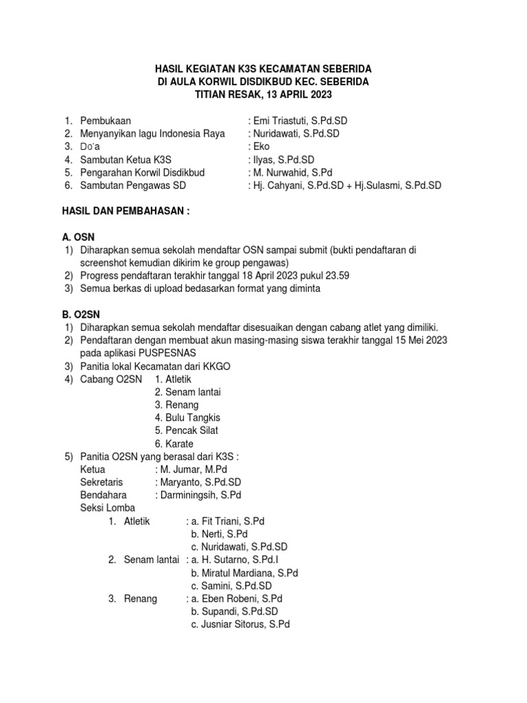 MENYIMPULKAN HASIL RAPAT K3S KECAMATAN SEBERIDA | PDF