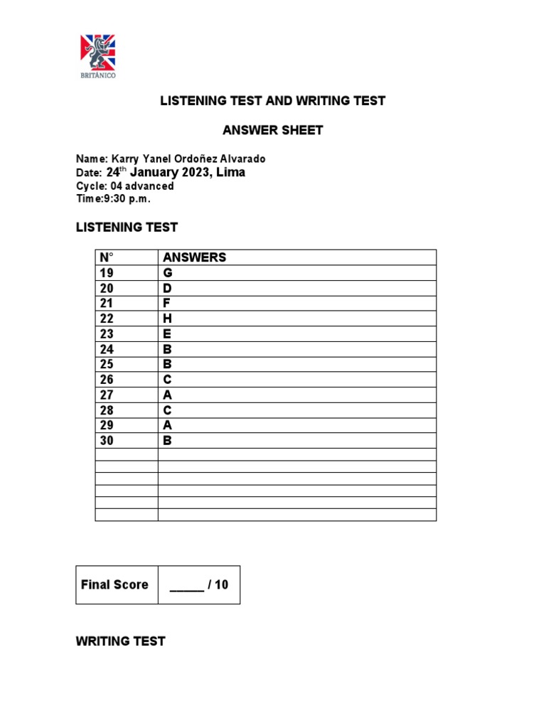 Listening Test And Writing Test Answer Sheet Ordoñez Karry Pdf