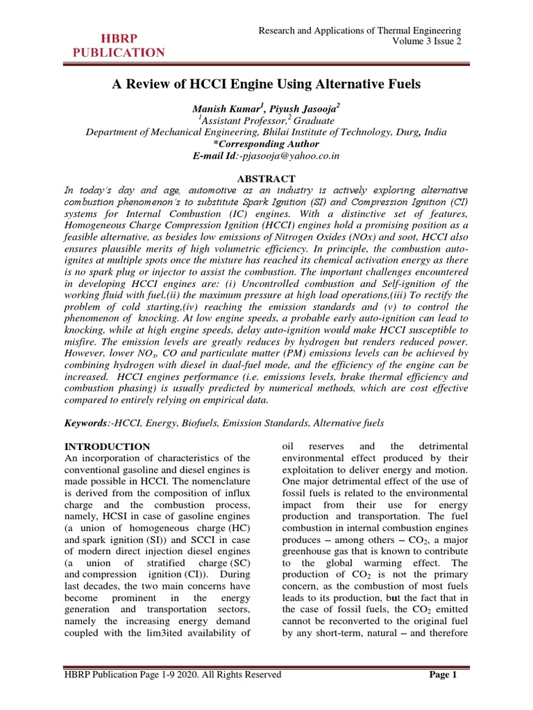 A Review Of Hcci Engine Using Alternative Fuels Formatted Paper Pdf