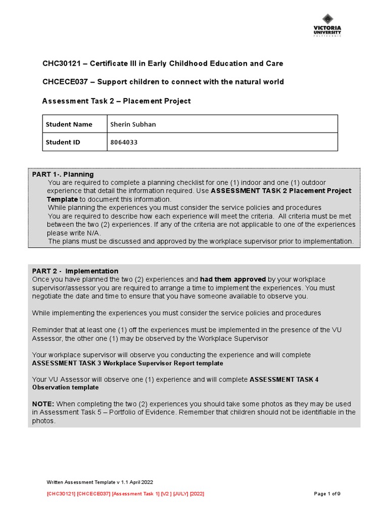CHCECE037 Assessment Task 2 Placement Project | Download Free PDF ...