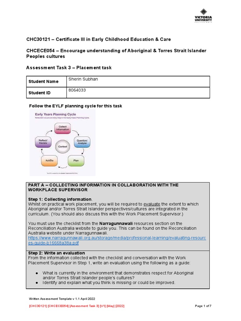 CHCECE054 Assessment Task 3 Placement Task | PDF | Indigenous Australians | Learning