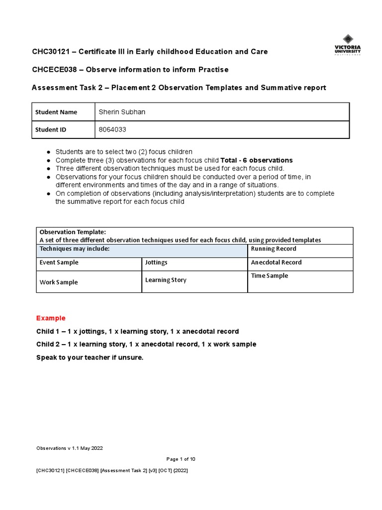 CHCECE038 Assessment Task 2 Placement 2 Observation v2 | PDF | Learning ...