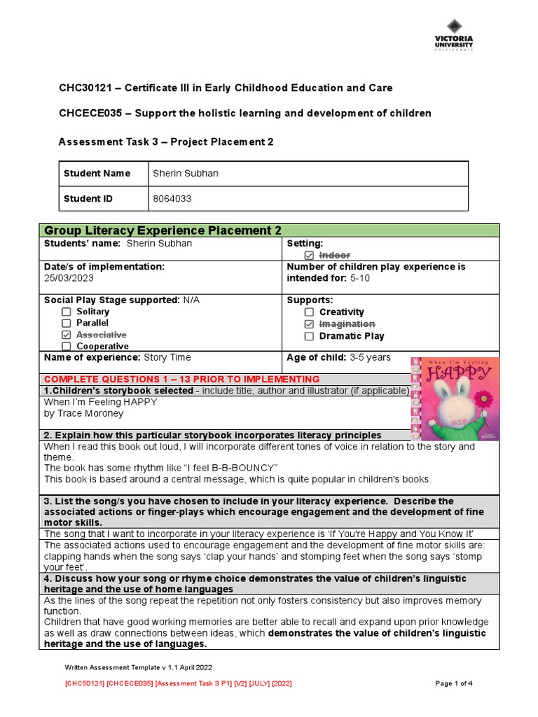 CHCECE035 Assessment Task 3 Placement 2 v2 | PDF | Thought | Literacy