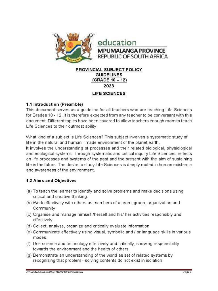 2023 Life Sciences Provincial Subject Policy | PDF | Educational ...