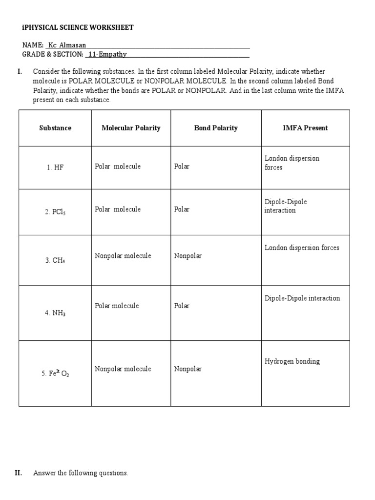 Physical Science Worksheet | PDF | Chemical Bond | Chemical Polarity
