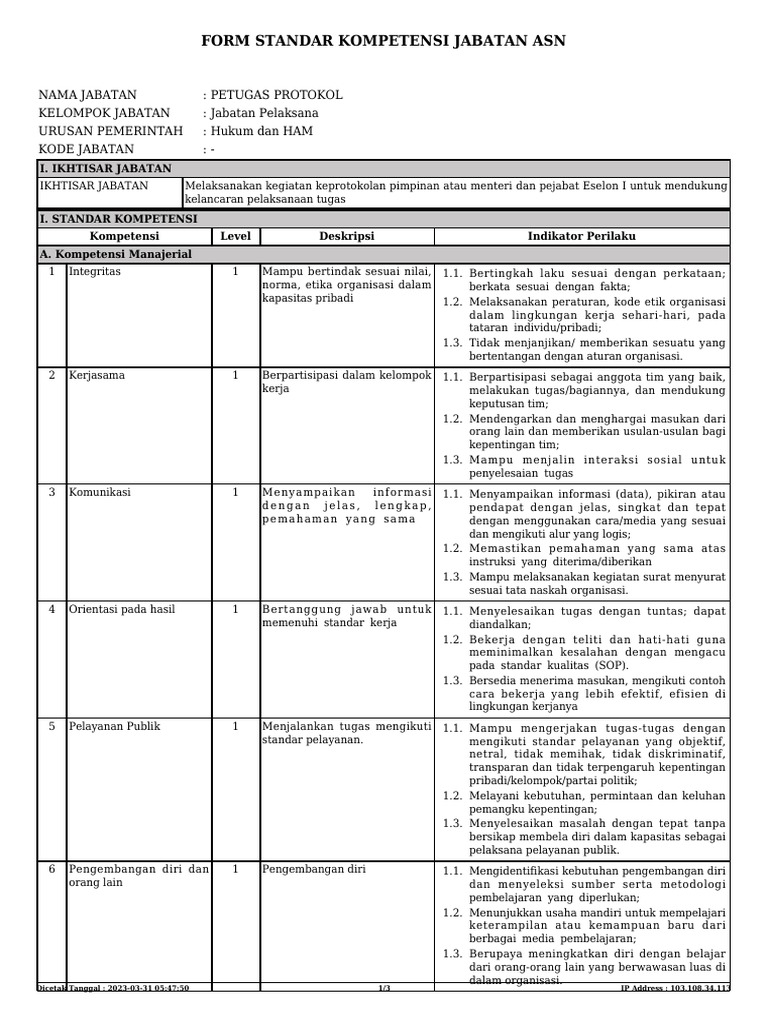 Form Standar Kompetensi Jabatan Asn | PDF