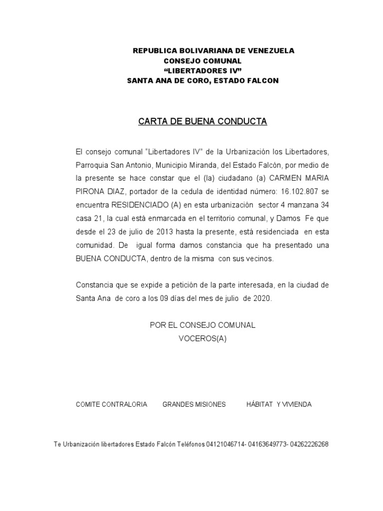 Carta de Buena Conducta | PDF