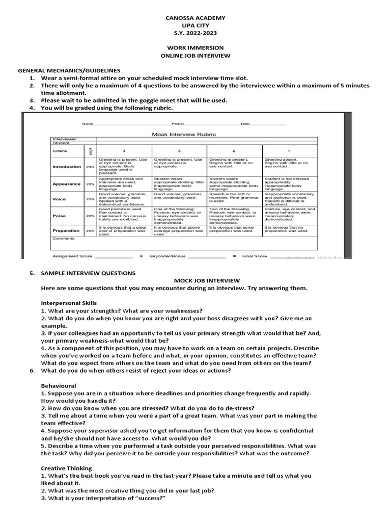 Work Immersion Online Interview | PDF | Leadership | Job Interview