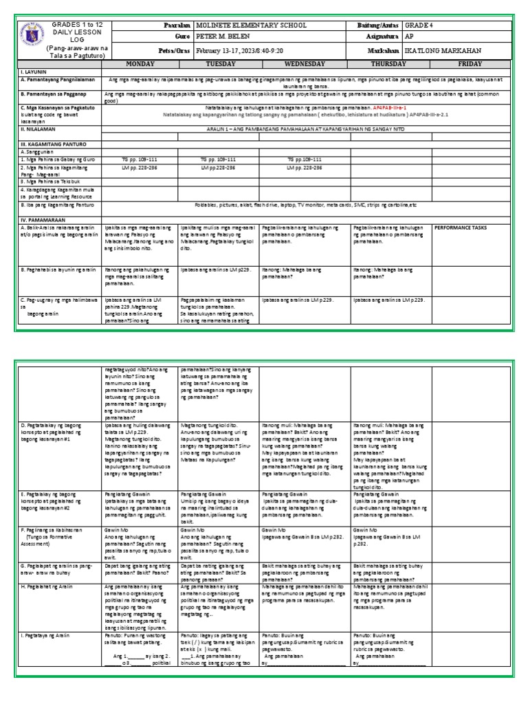 GRADES 1 To 12 Daily Lesson LOG (Pang-Araw-Araw Na Tala Sa Pagtuturo) | PDF