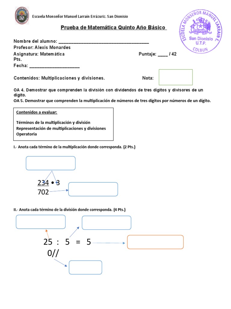 Prueba 1 de quinto año B multiplicación y división. (1) | PDF
