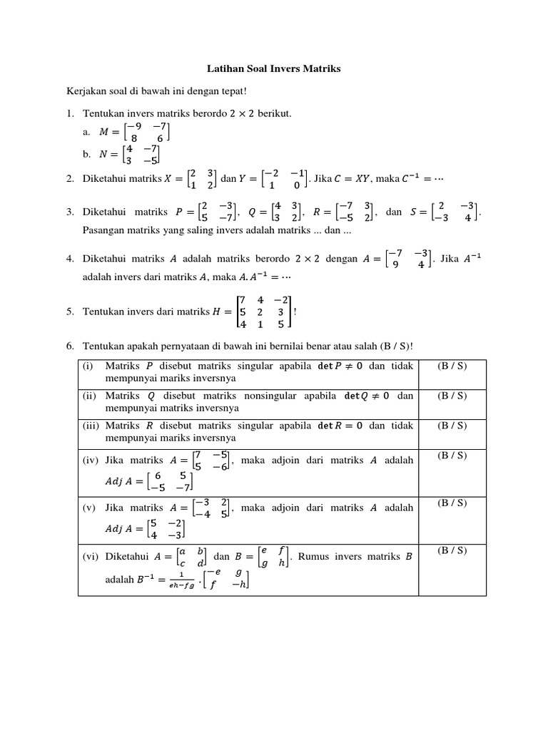 Latihan Soal Invers Matriks 2x2 | PDF