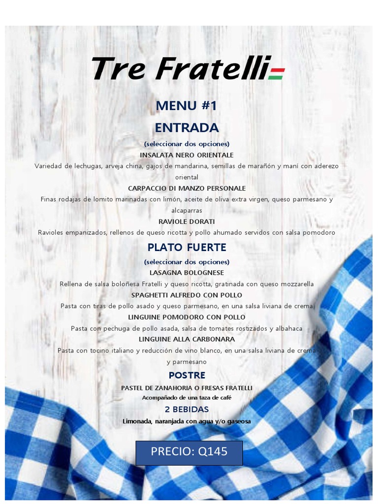 Menu Tre Fratelli - Almuerzo Cena | PDF | Queso | Salsa