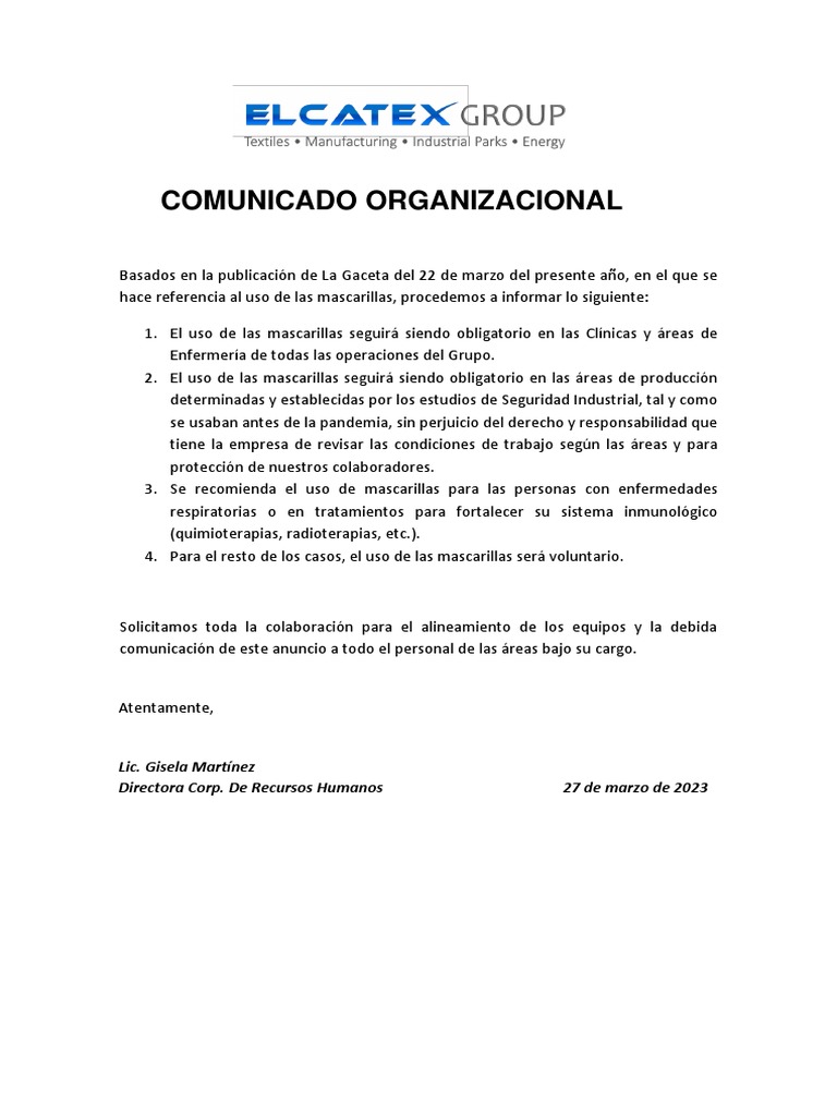 Comunicado Organizacional: Lic. Gisela Martínez Directora Corp. de Recursos Humanos 27 de Marzo ...