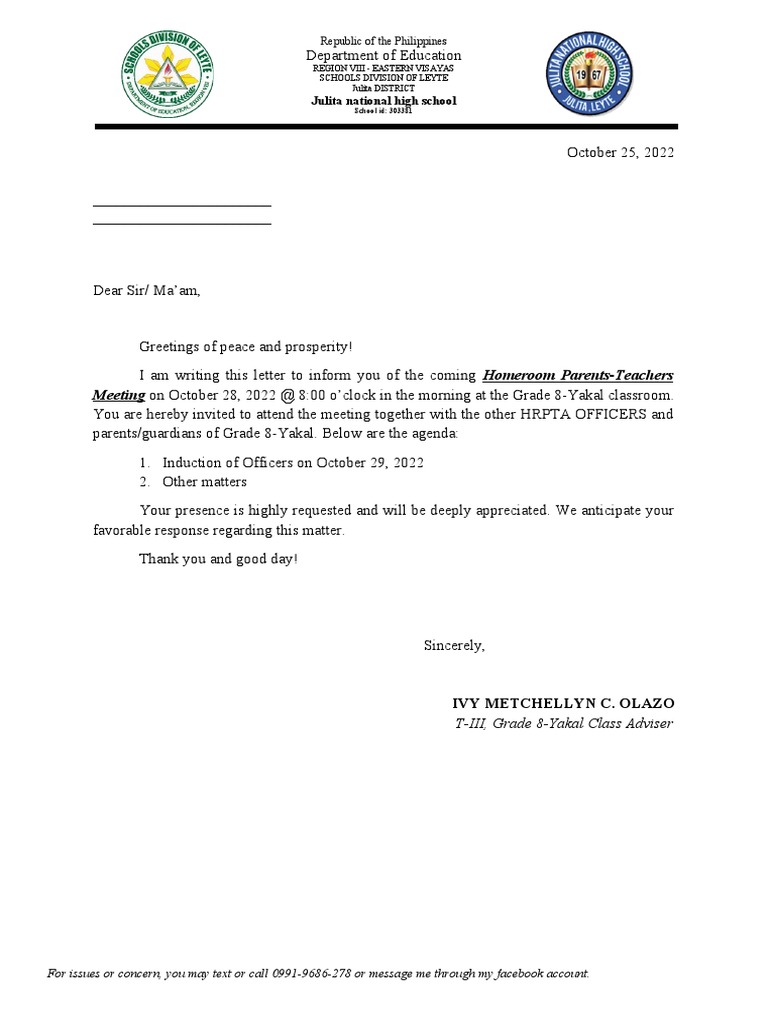 Letter To Parents | PDF