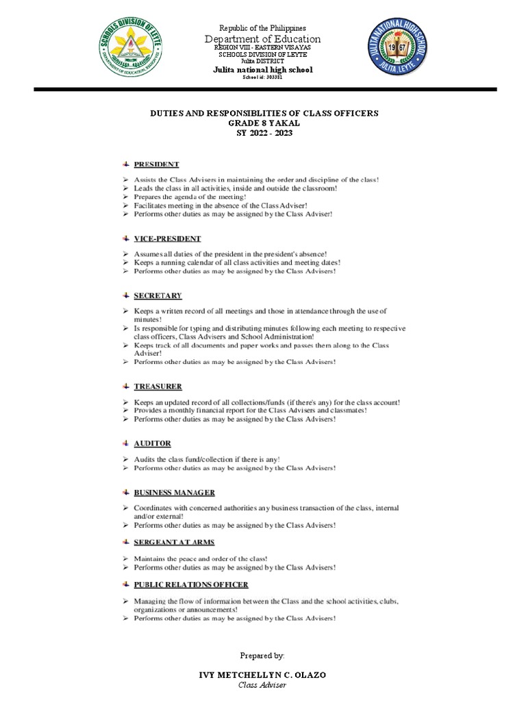 Duties & Responsibilities of Class Officers | PDF