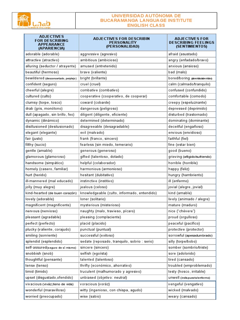 Guía de Adjetivos en Inglés | PDF | Percepción visual | Color de pelo