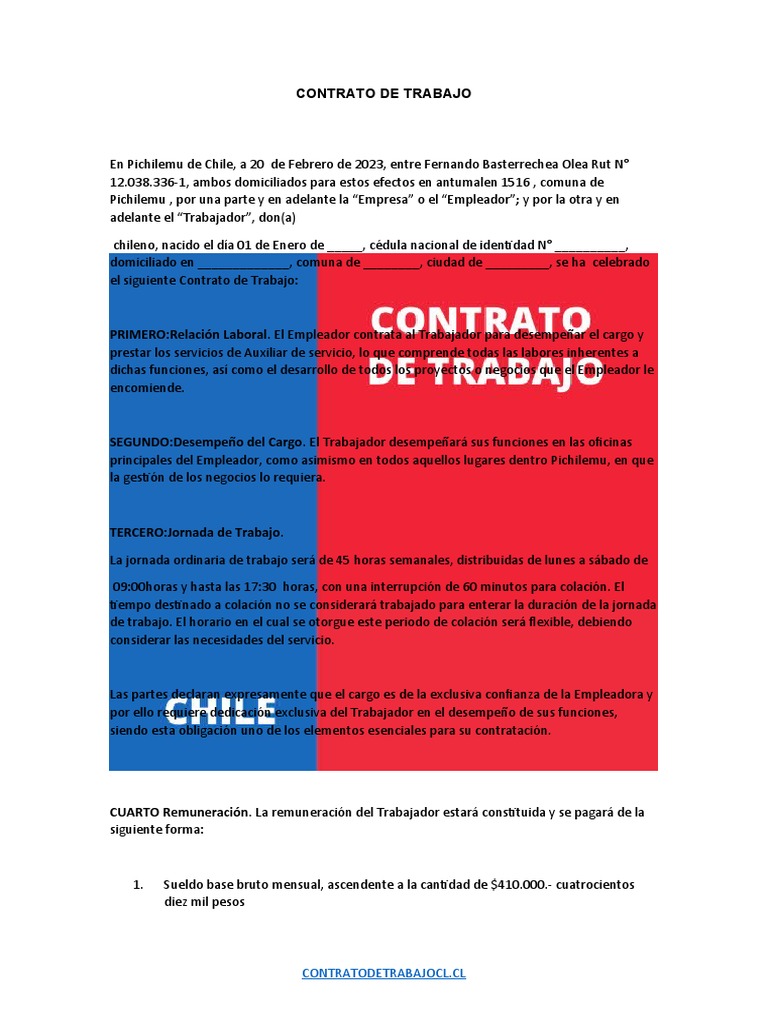 Contrato de Trabajo Chile Modelo Formato Word | PDF | Salario | Tiempo ...