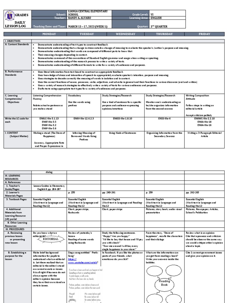 DLL - English 6 - Q3 - W5 | PDF | Linguistics | Cognitive Science