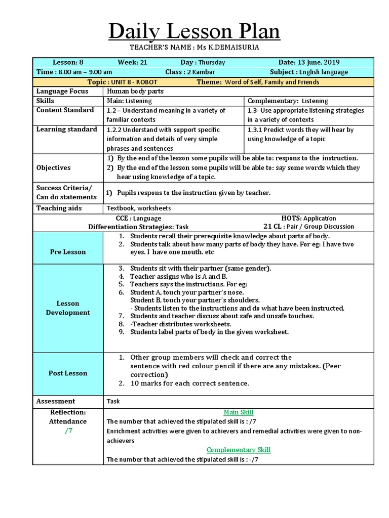 Daily Lesson Plan: Teacher'S Name: Ms K.Demaisuria | PDF | Teachers ...
