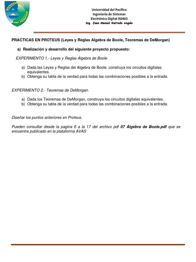 Practica Proteus Electronica Digital Corte 2a - Teoremas Algebra de Boole | PDF