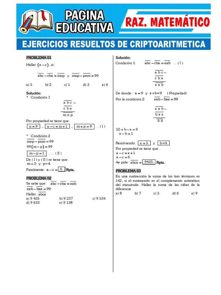 Ejercicios Resueltos de Criptoaritmetica Pagina Educativa | PDF | Sustracción | División ...