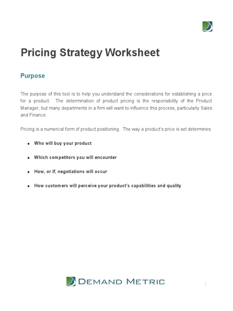 Pricing Strategy Worksheet: Purpose | PDF | Pricing | Prices