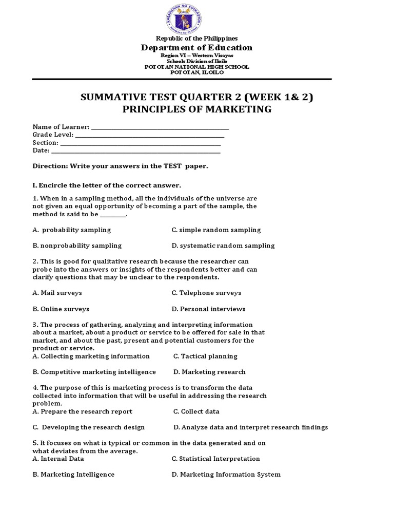 Summative Quarter 2 Marketing | PDF | Marketing | Sampling (Statistics)
