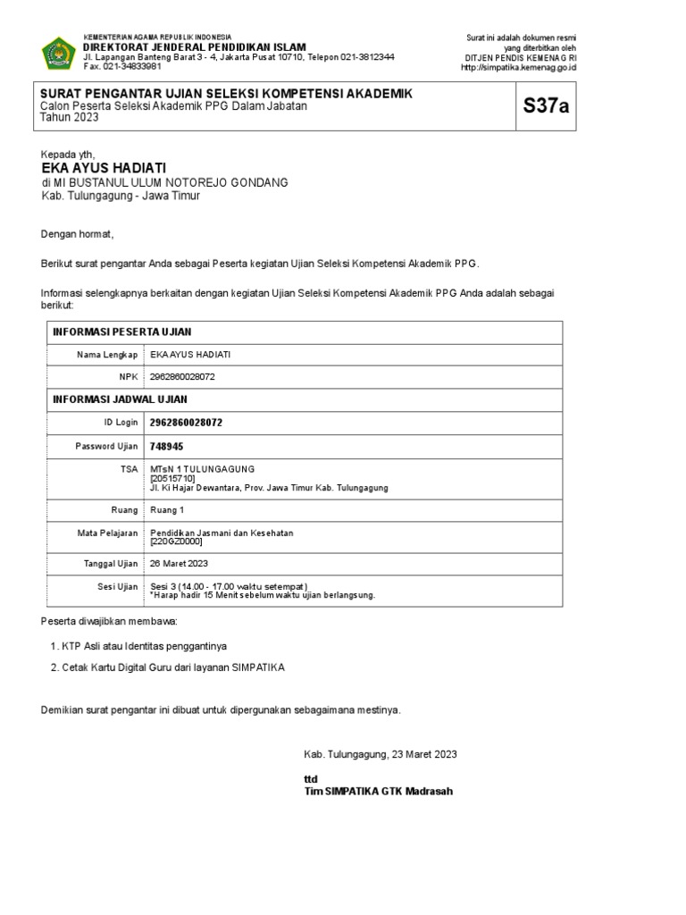 Eka Ayus Hadiati: Surat Pengantar Ujian Seleksi Kompetensi Akademik | PDF
