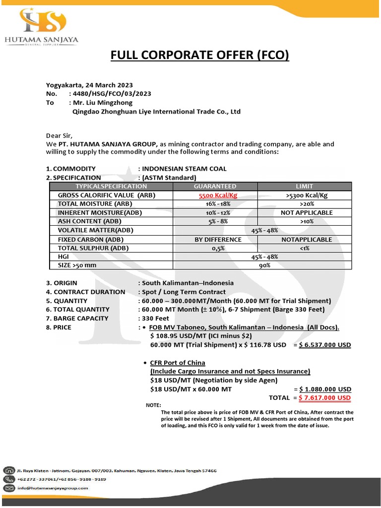 FCO GAR 5500 FOB MV and CFR Qingdao - 020658 | PDF