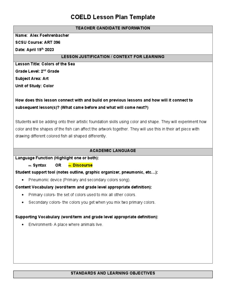 Art 396 Edtpa Lesson Plan | PDF | Lesson Plan | Color