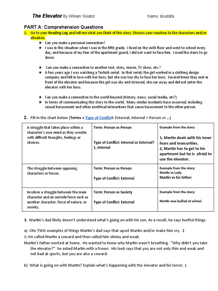 The Elevator: PART A: Comprehension Questions | PDF | Elevator | Thought
