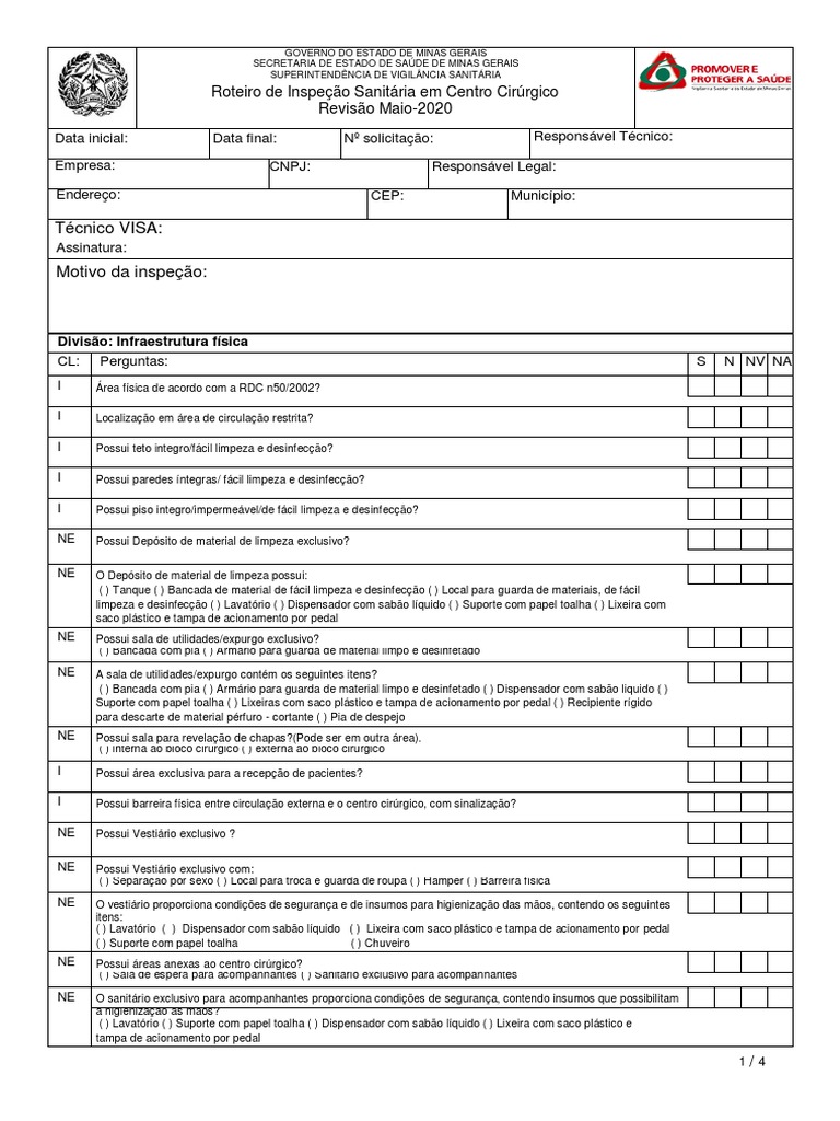 Roteiro - Inspecao Centro Cirúrgico | PDF | Medicina Clínica