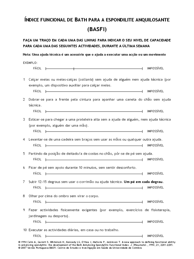 BASFI - Índice Funcional de Bath para a Espondilite Anquilosante | PDF