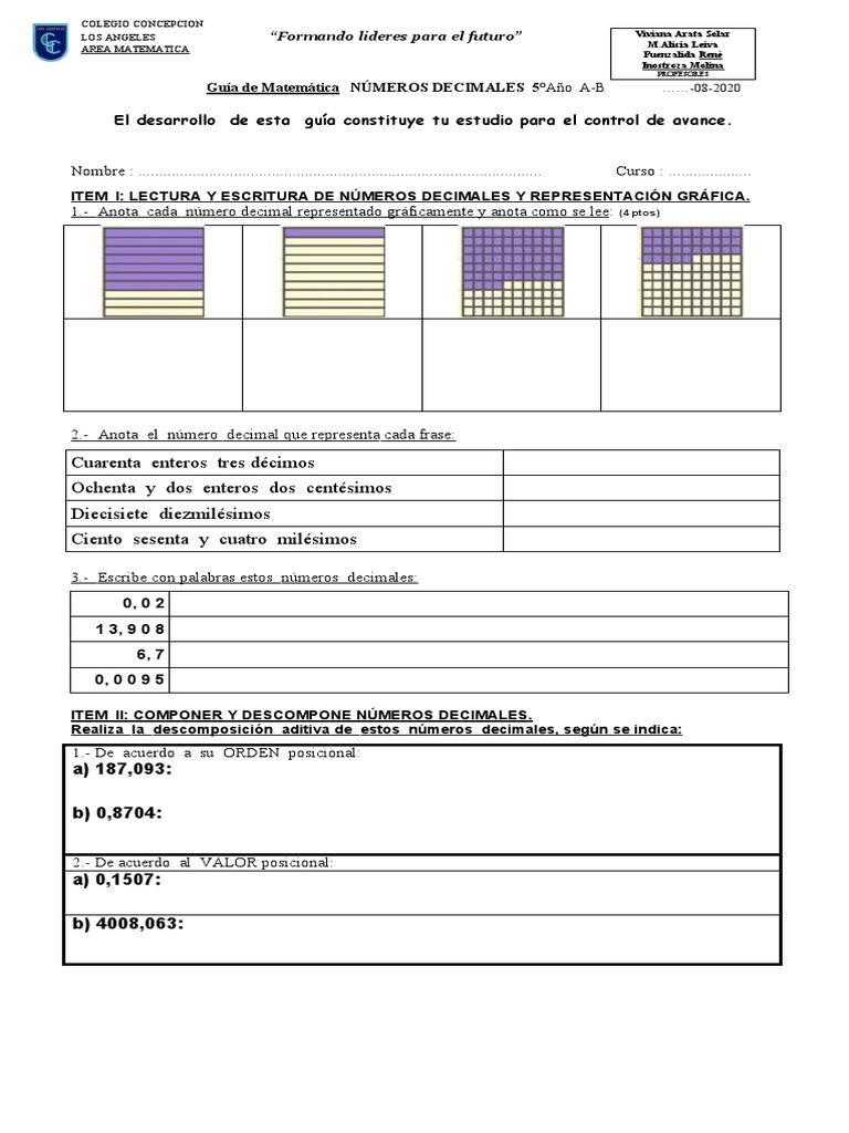 Guía de Números Decimales 5° Básico | PDF | Convenciones de nombres | Aritmética