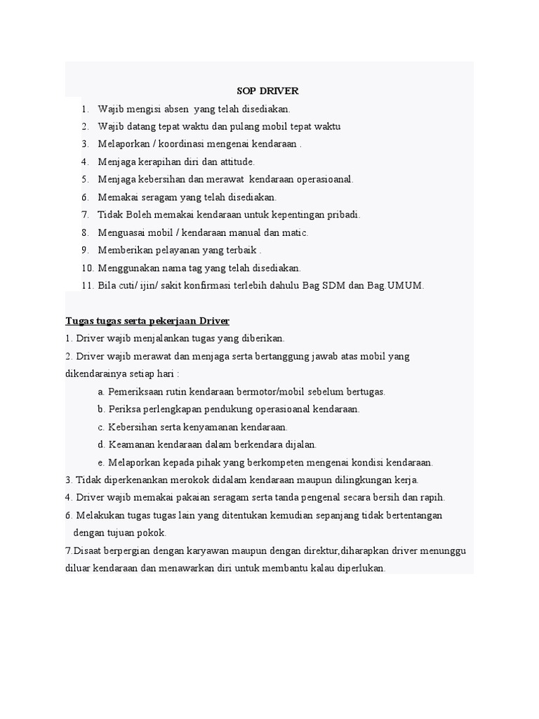 SOP Driver: Panduan Lengkap Tugas dan Etika | PDF | Bisnis