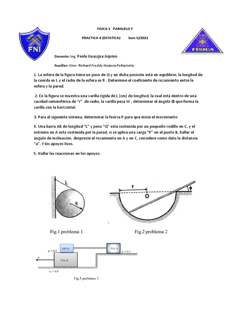 Fisica 1 Paralelo F Practica 4 (Estatica) Sem Ii/2022 | PDF