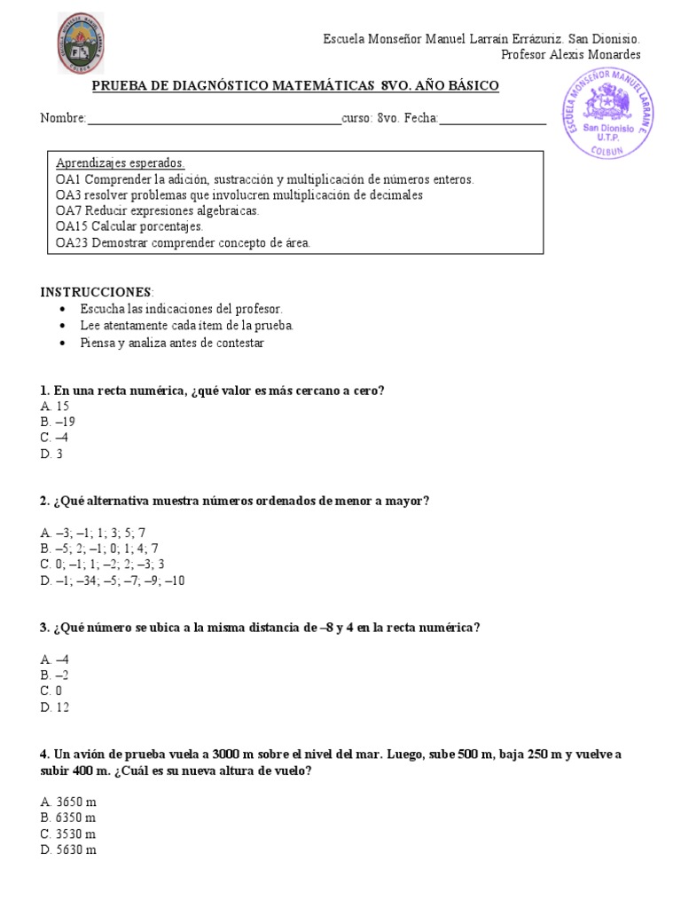 Prueba Diagnóstica Matemáticas 8° Básico | PDF | Notación Matemática ...