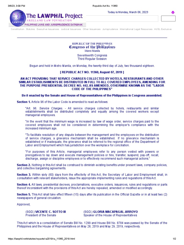 RA No. 11360 - Service Charges | PDF | Employment | Labour Law