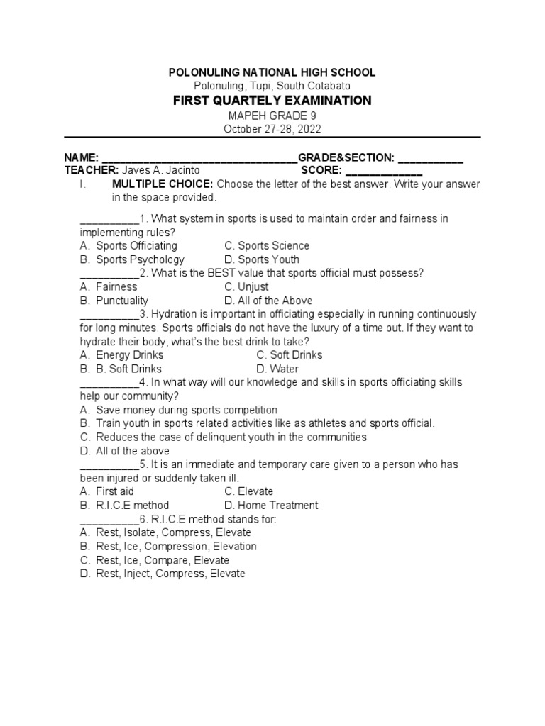 First Quartely Examination: Polonuling National High School | PDF ...